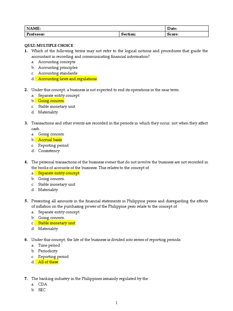 Multiple Choice Quiz on Key Accounting Concepts and Principles | PDF ...