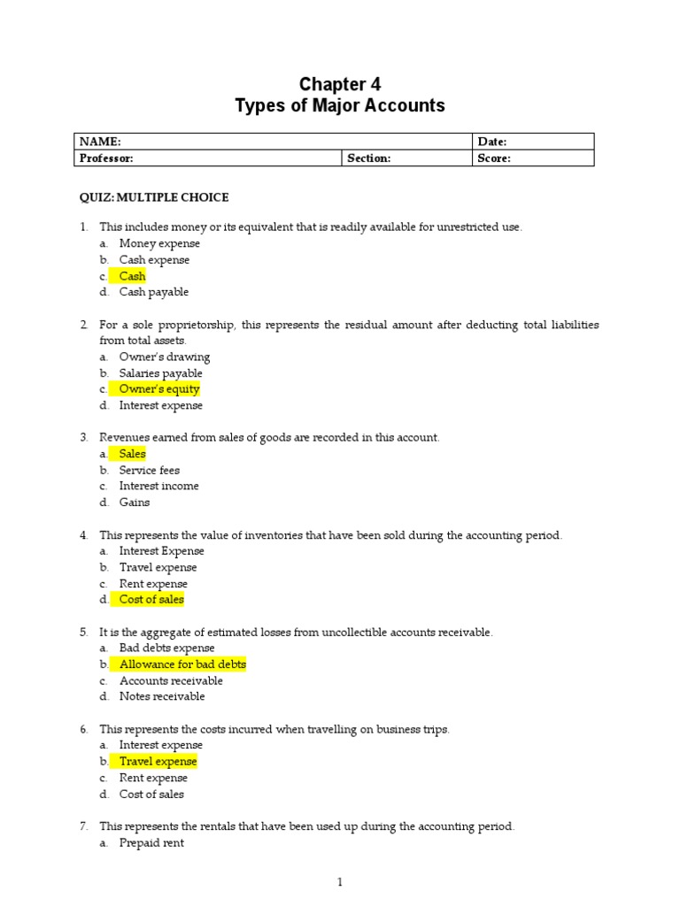 Quizzes - Chapter 4 - Types of Major Accounts. | PDF | Bad Debt | Debt