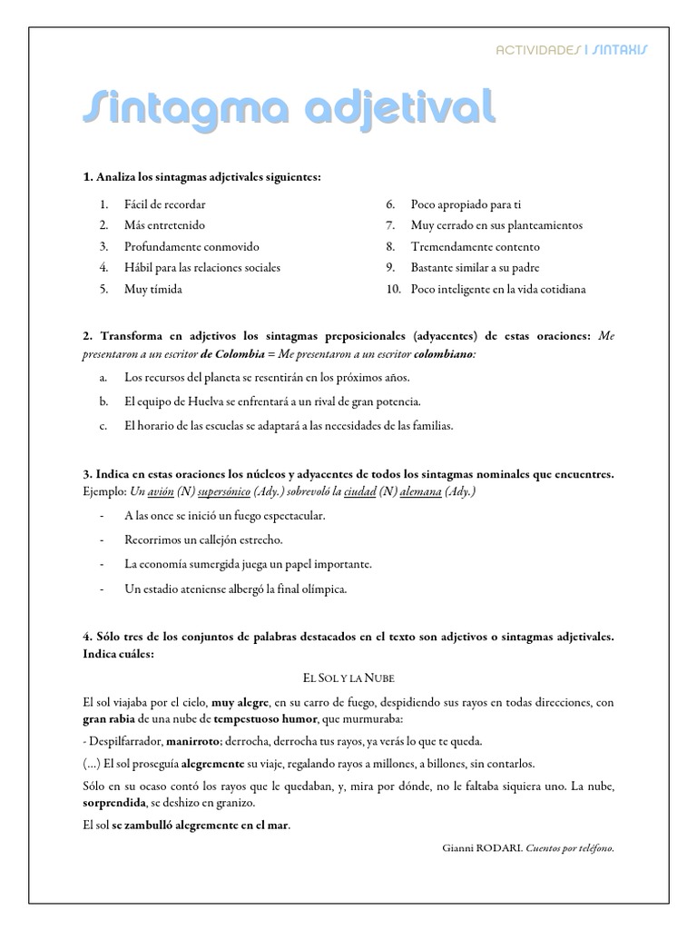 Sintagma Adjetival. Actividades | PDF