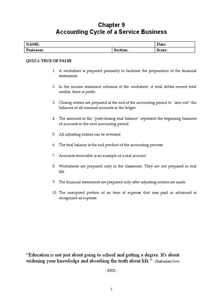 Service Business Accounting Cycle Quiz | PDF | Equity (Finance ...