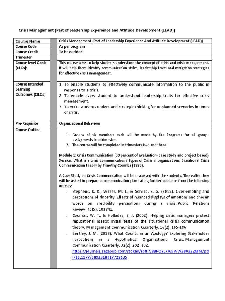 Crisis Management Course Overview | PDF | Crisis Management | Leadership