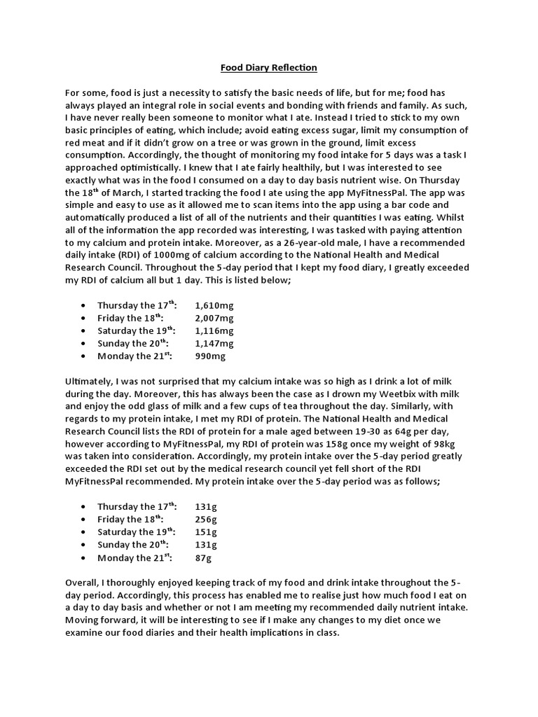 Food Diary Reflection | PDF | Foods | Nutrients