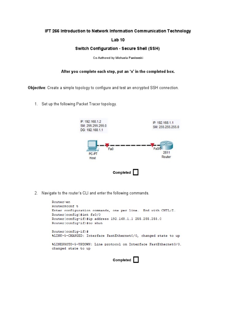 Lab 10 Switch Configuration Ssh Connection Pdf