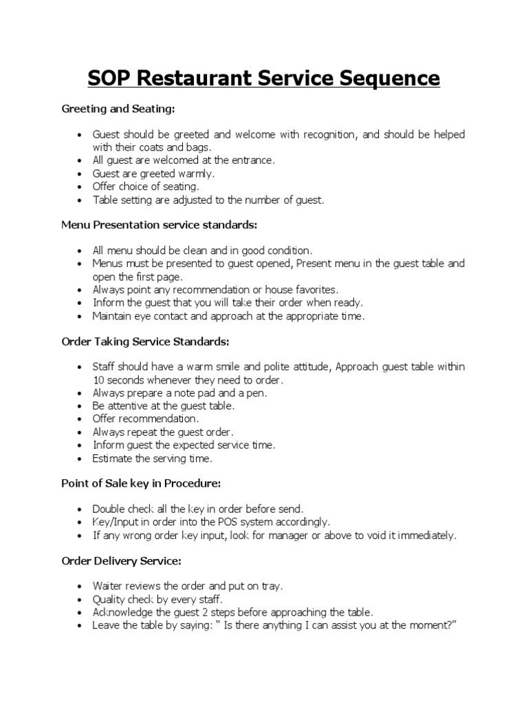 SOP Restaurant Service Sequence: Greeting and Seating | PDF | Menu ...