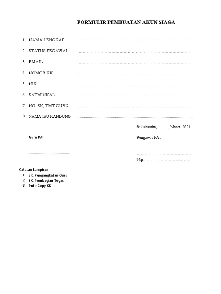 Formulir Pembuatan Akun Siaga | PDF