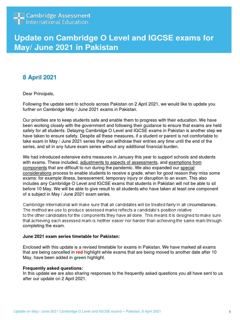 Update On June 2021 OL-IGCSE Exams - Pakistan 8 April 2021 | PDF ...