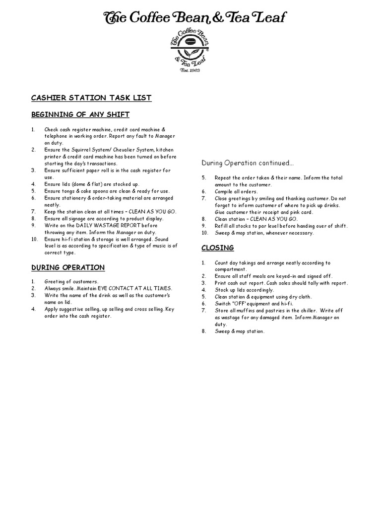 Cashier Station Task Checklist | PDF | Business