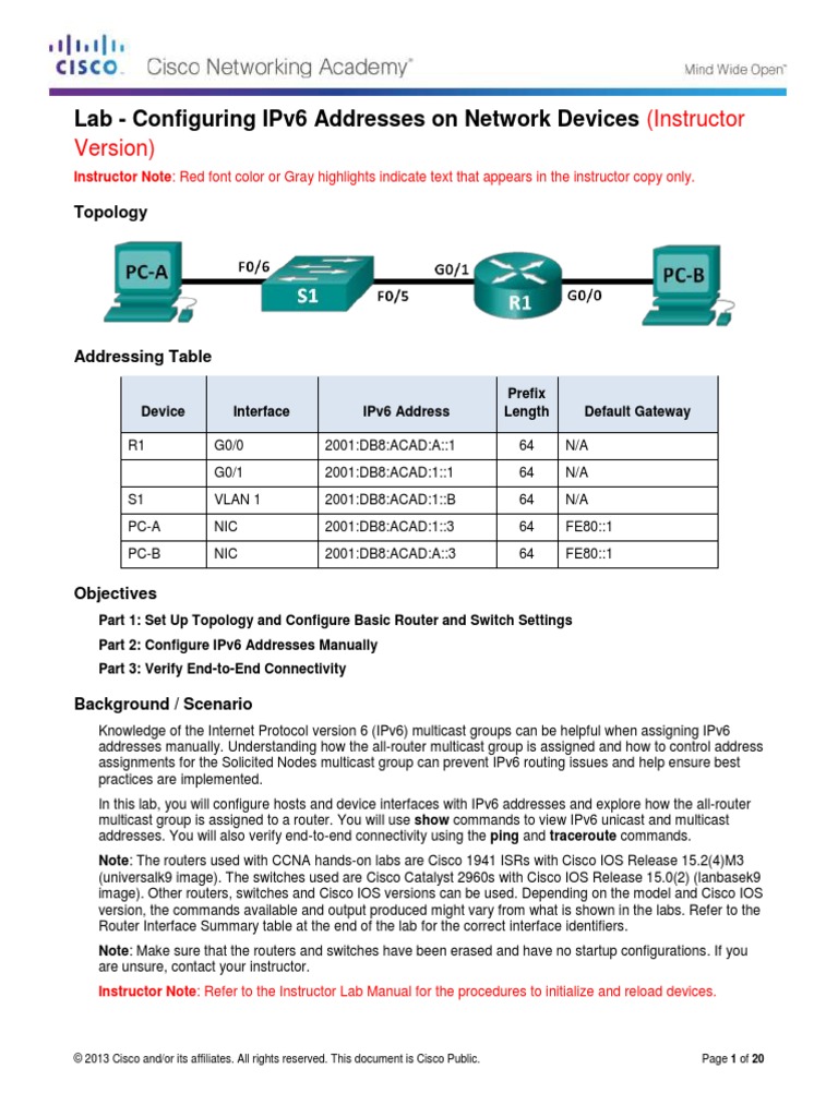 7.2.5.5 Lab - Configuring IPv6 Addresses On Network Devices - ILM | PDF | I Pv6 | Ip Address