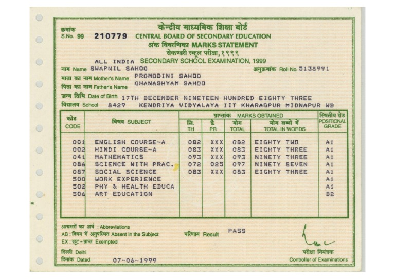 Class 10 - MarkSheet | PDF
