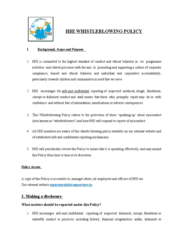 Hhi Whistleblowing Policy: I. Background, Scope and Purpose | Download ...