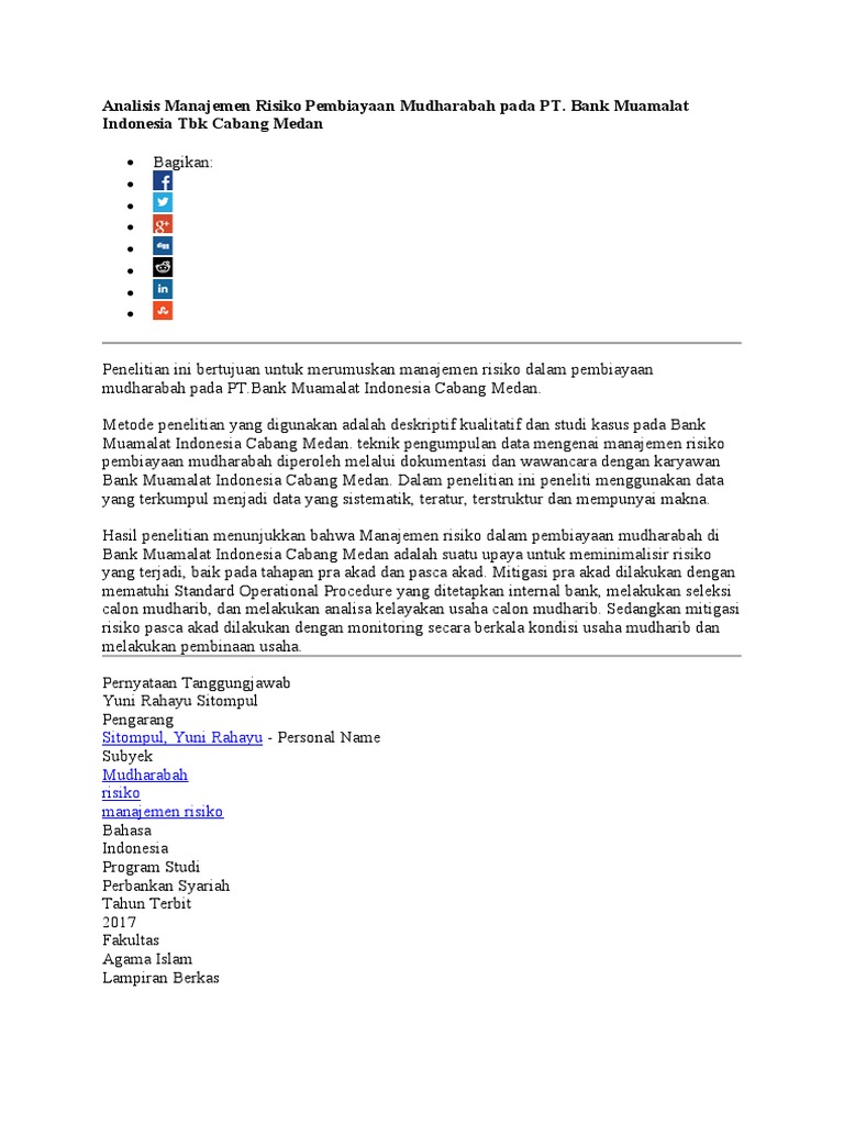 Analisis Manajemen Risiko Pembiayaan Mudharabah Pada PT | PDF