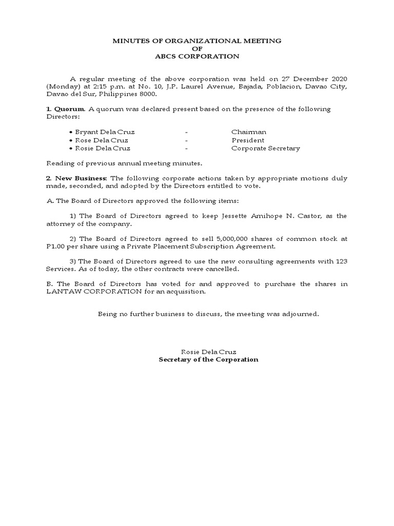 ABCS Corporation Meeting Minutes 2020 | PDF