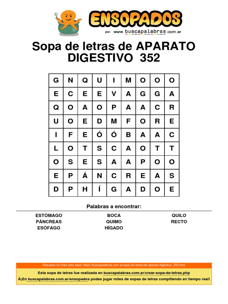 Sopa de Letras de Aparato Digestivo 352 | PDF