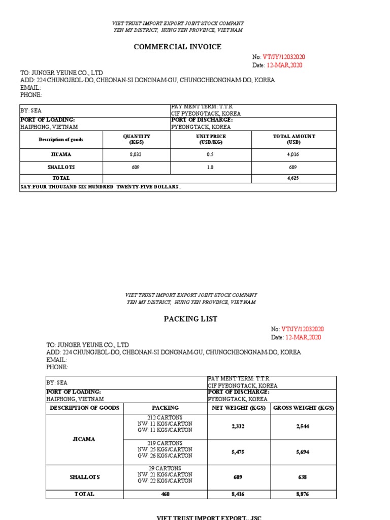 Invoice and Packing List for Export | PDF | Business