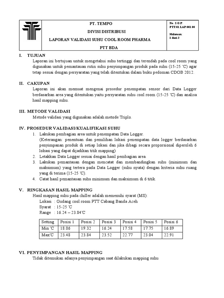 Laporan Mapping Suhu Cool Room Pharma | PDF