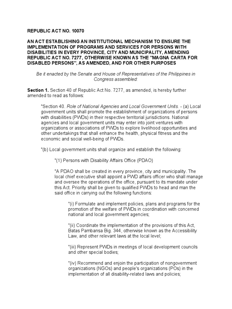Republic Act No. 10070 | PDF | Local Government | Welfare