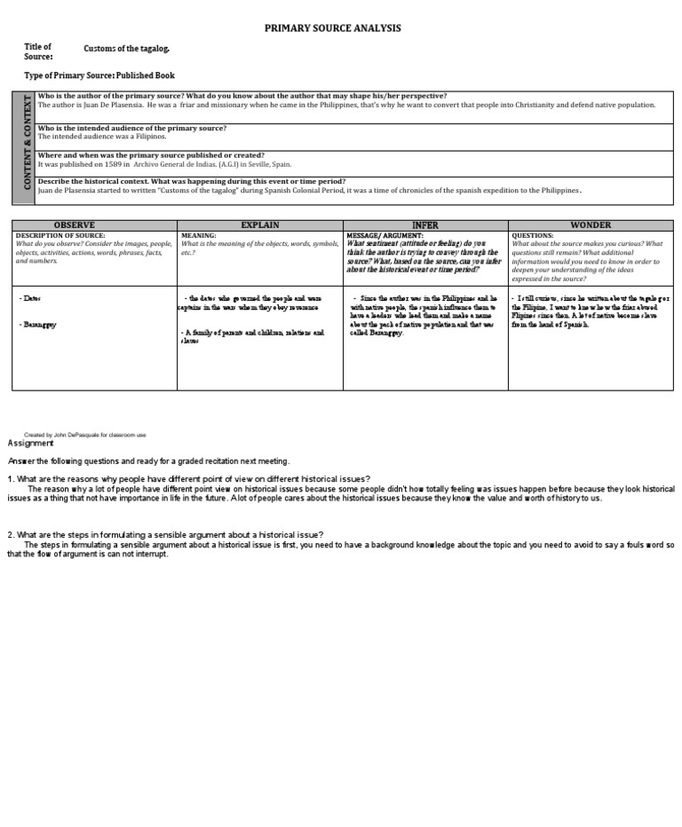 Primary Source Analysis: Title of Source: Customs of The Tagalog | PDF ...