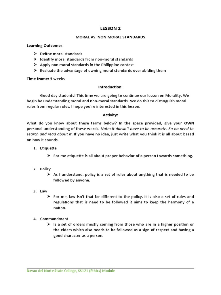 Lesson 2: Moral vs. Non Moral Standards Learning Outcomes | PDF ...
