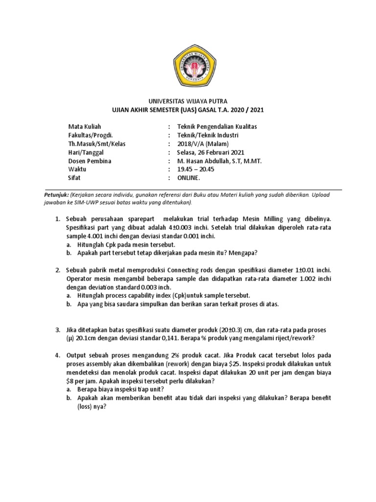Soal Uas Pengendalian Kualitas | PDF