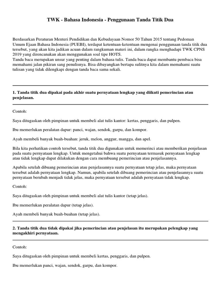 Post TWK Bahasa Indonesia Penggunaan Tanda Titik Dua | PDF