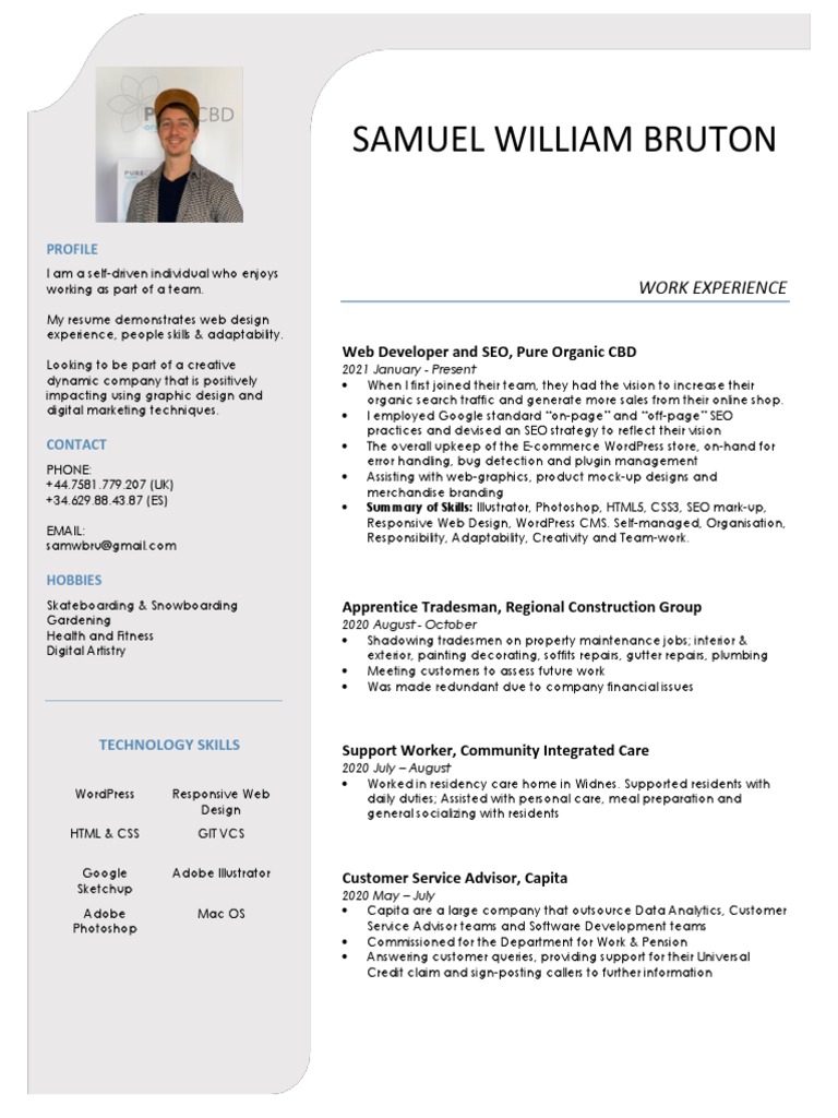 Sam Bruton - Web Developer CV | PDF | Word Press | Web Design