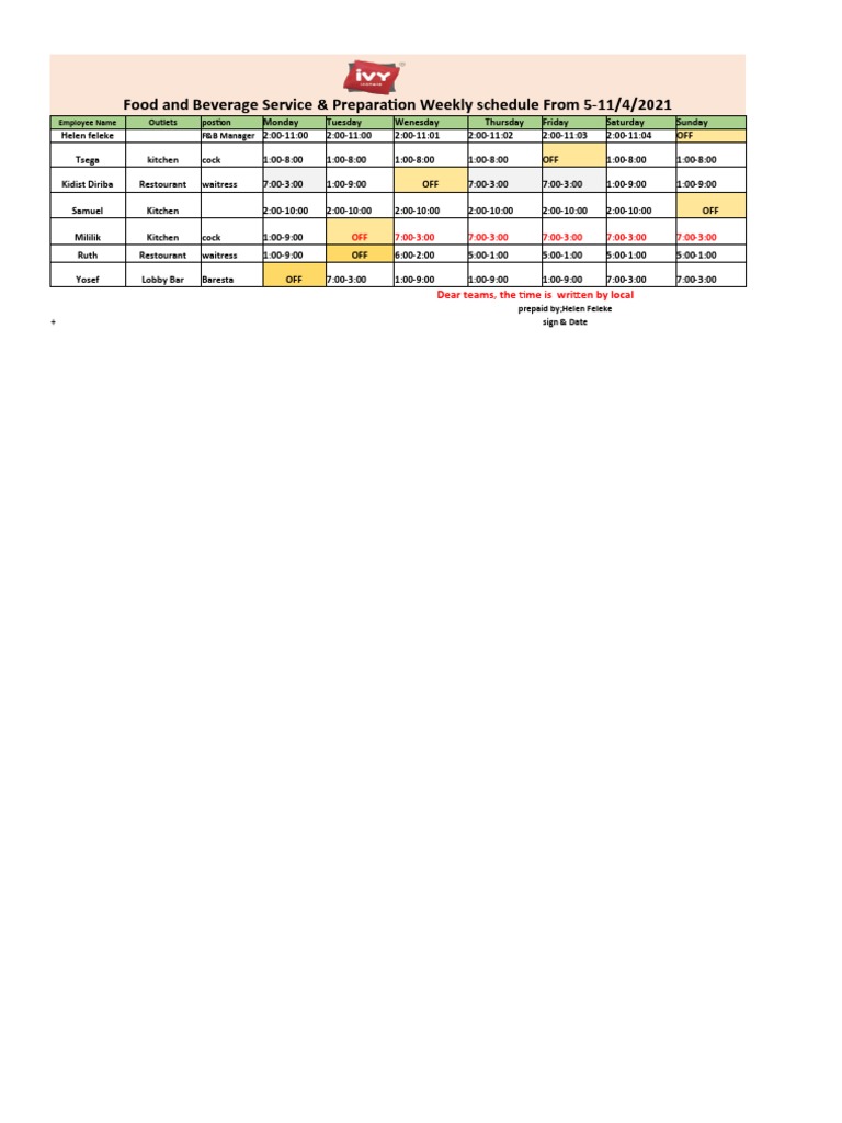 Food and Beverage Service & Preparation Weekly Schedule From 5-11/4 ...