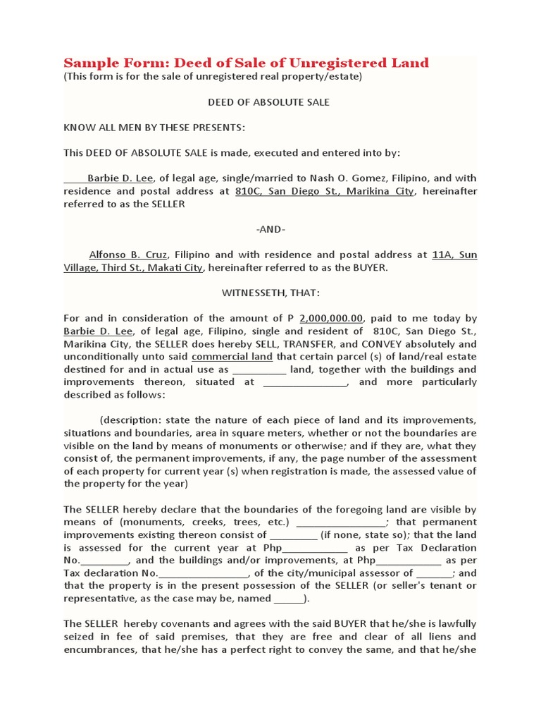 Deed of Sale of Unregistered Land | PDF | Deed | Mortgage Law