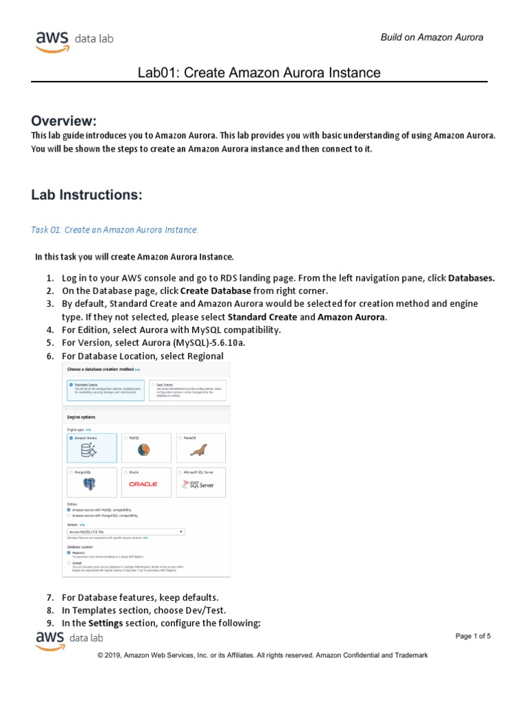 Lab01: Create Amazon Aurora Instance: Overview | PDF | My Sql | Databases