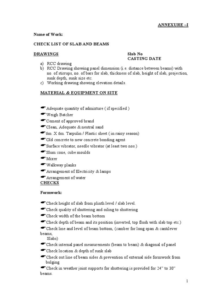 Slab, Coloumn Check List | PDF | Concrete | Building