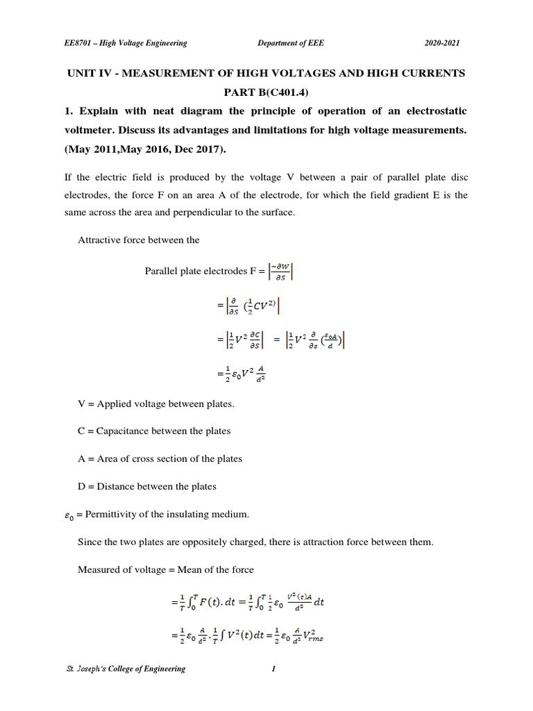 Ee8701 - High Voltage Engineering Department of Eee 2020-2021 | PDF | Capacitance | Capacitor