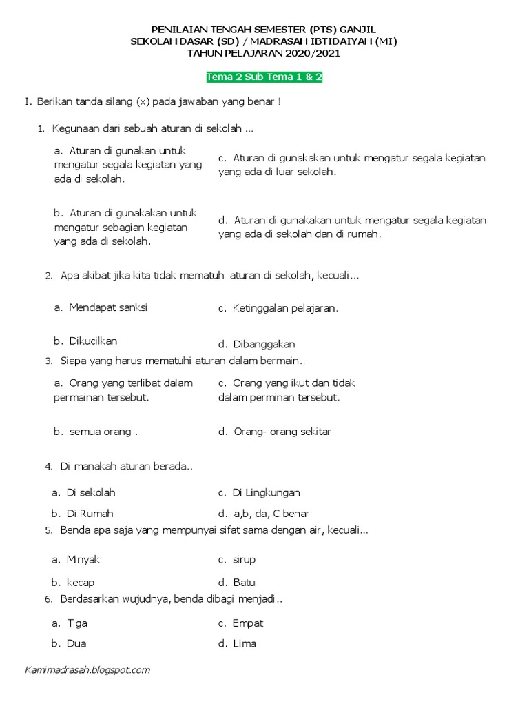 SOAL PTS KELAS 2 TEMA 2 Bagian 1 - Reupload Kamimadrasah | PDF