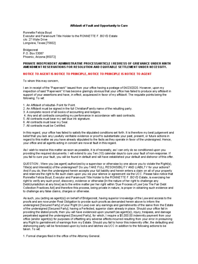 Affidavit of Fault and Opportunity To Cure | PDF | Affidavit | Complaint