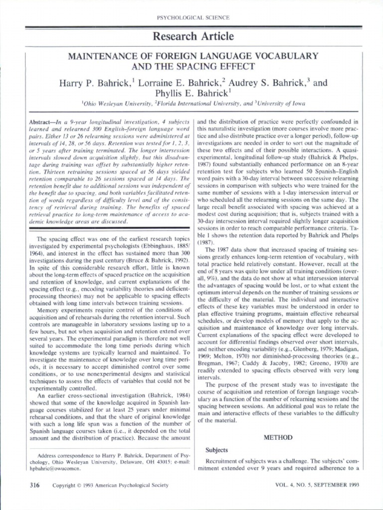 Bahrick Et Al. (1993) Spacing Effect | PDF | Recall (Memory) | Memory