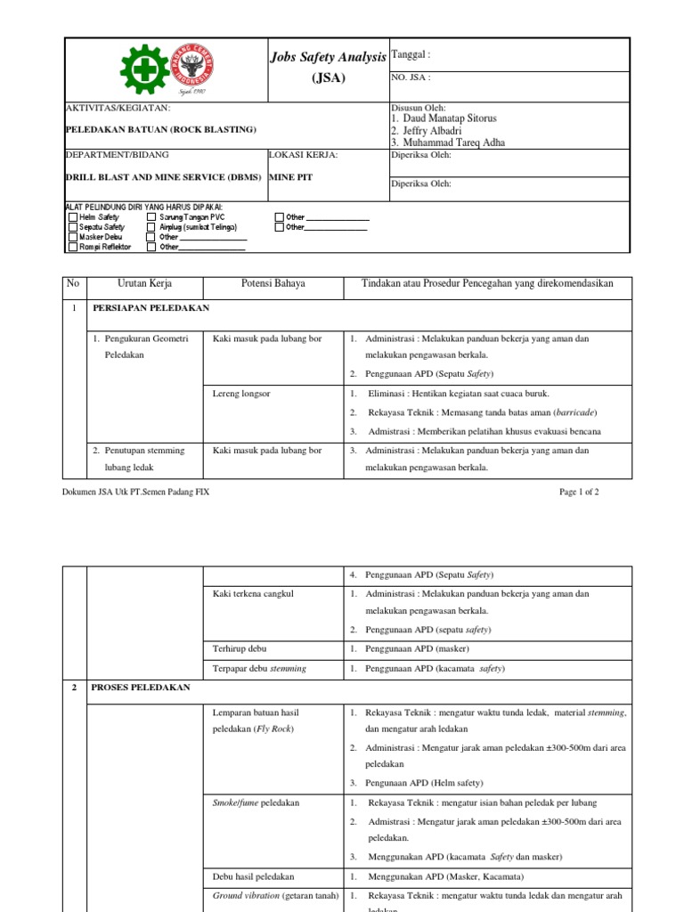 Dokumen JSA Utk PT - Semen Padang FIX | PDF | Teknologi & Rekayasa