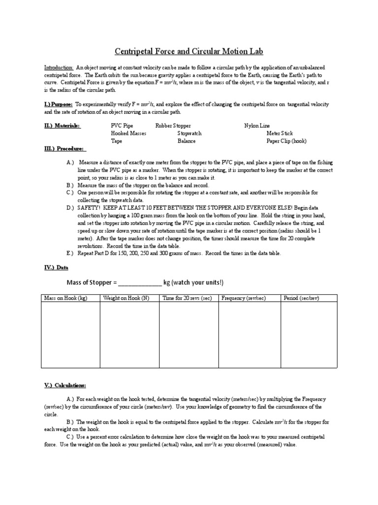 Centripetal Force and Circular Motion Lab CC NGSS Revision 2014 | PDF ...