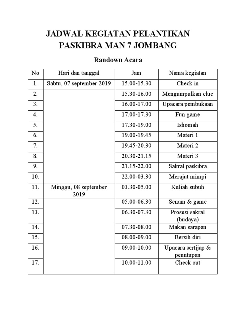 Jadwal Kegiatan Pelantikan Paskibra Man 7 Jombang | PDF
