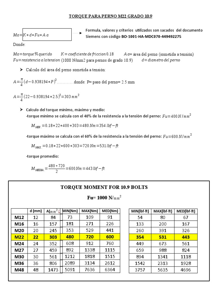 Torque para Perno m22 Grado 10 | PDF