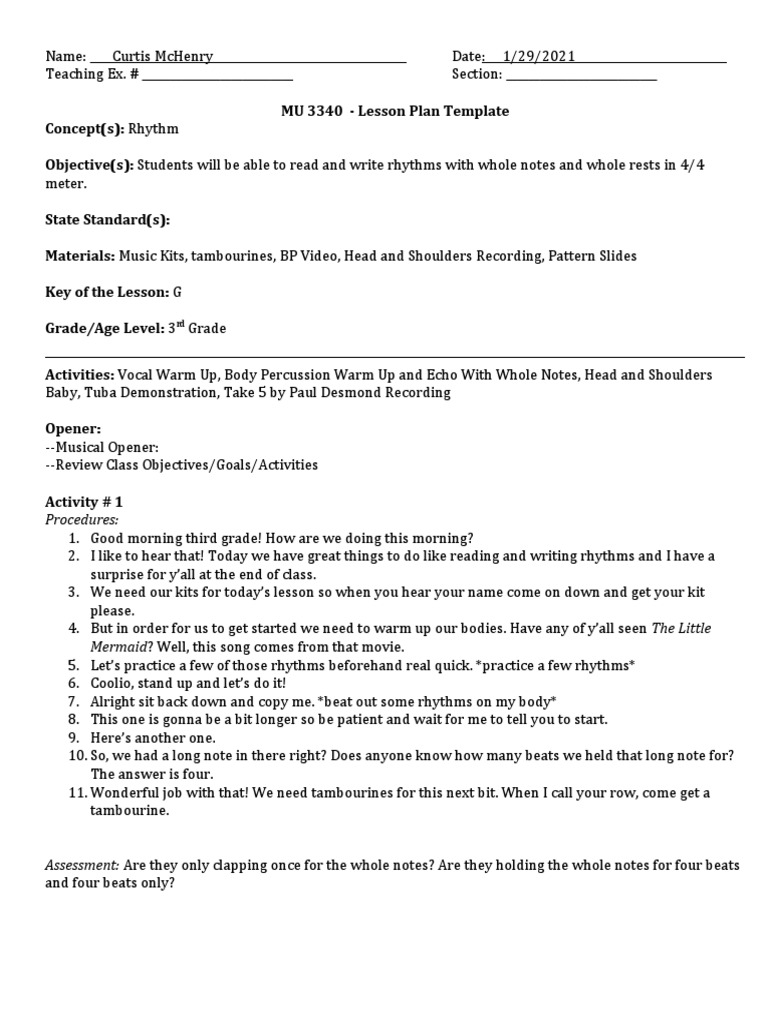3rd Grade Rhythm Lesson Plan Template | PDF | Lesson Plan | Cognition