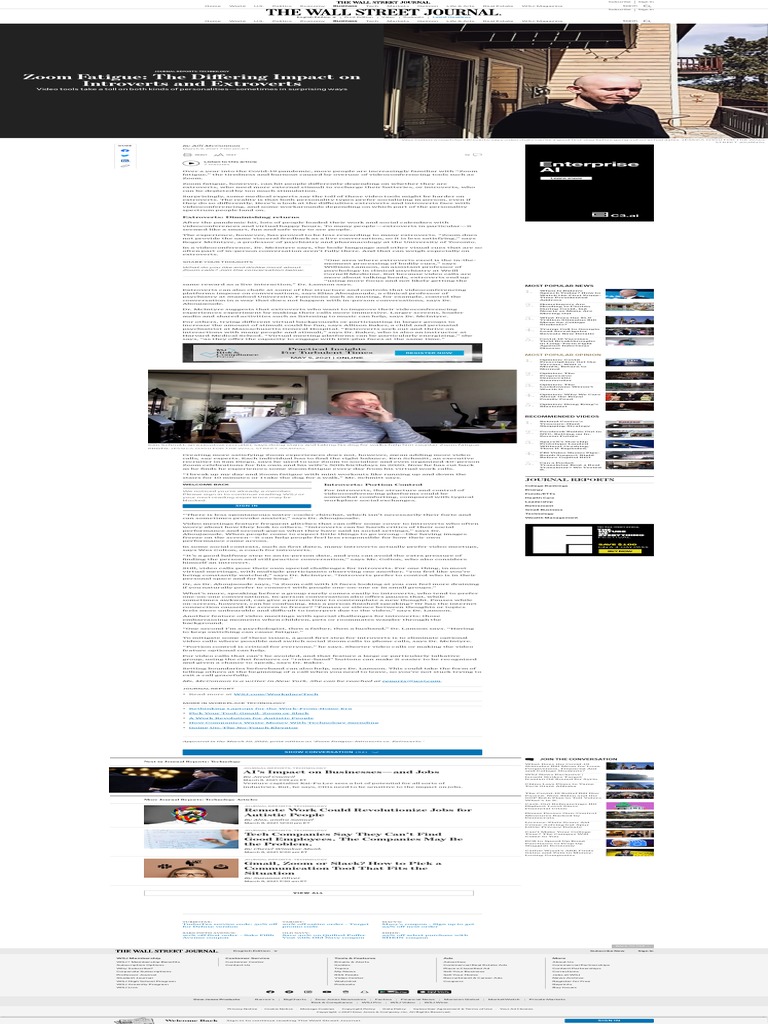 Zoom Fatigue: The Differing Impact On Introverts and Extroverts - WSJ | PDF | The Wall Street ...