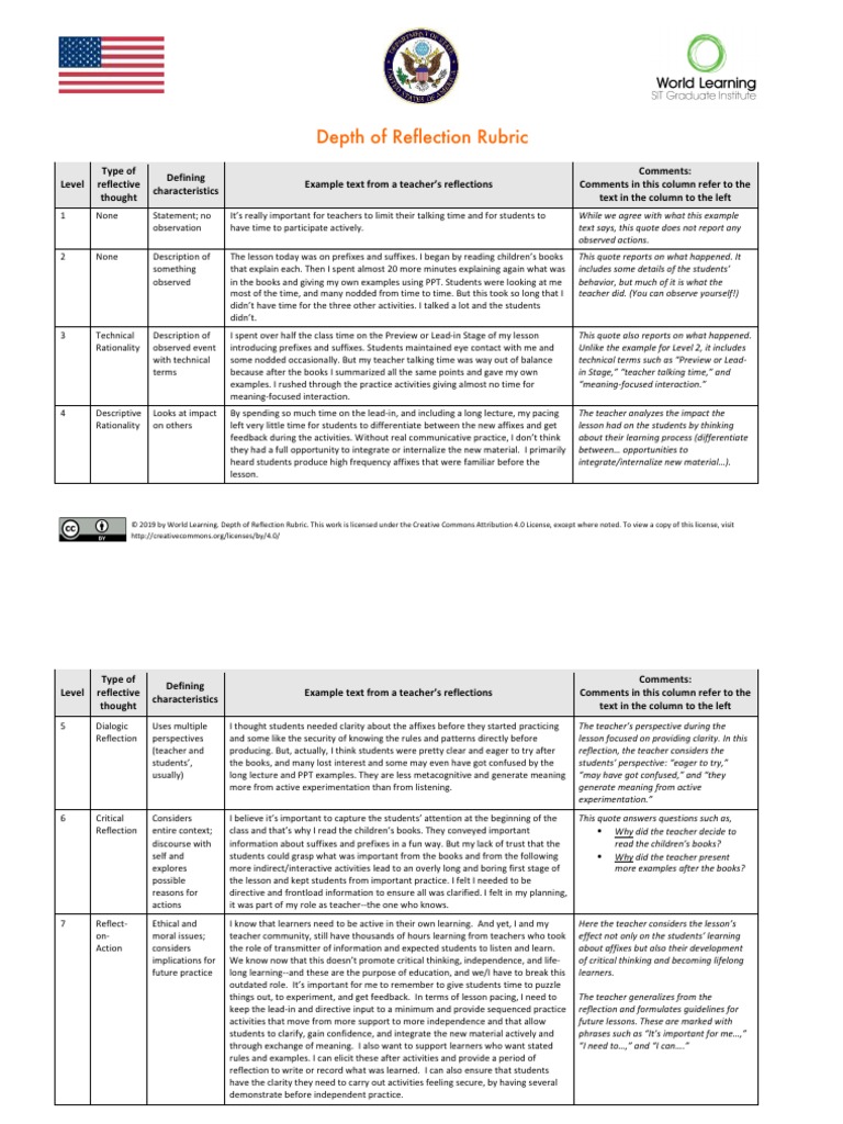 Depth of Reflection Rubric - Handout | PDF | Critical Thinking | Teachers