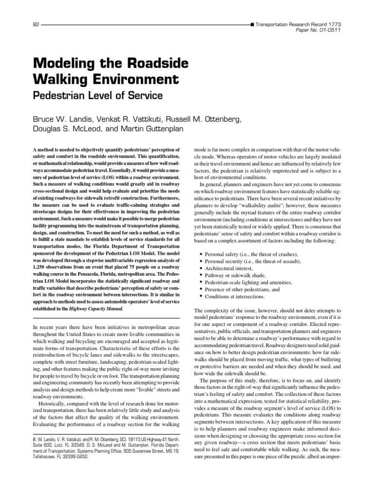 Modeling The Roadside Walking Environment: Pedestrian Level of Service | PDF | Sidewalk | Traffic