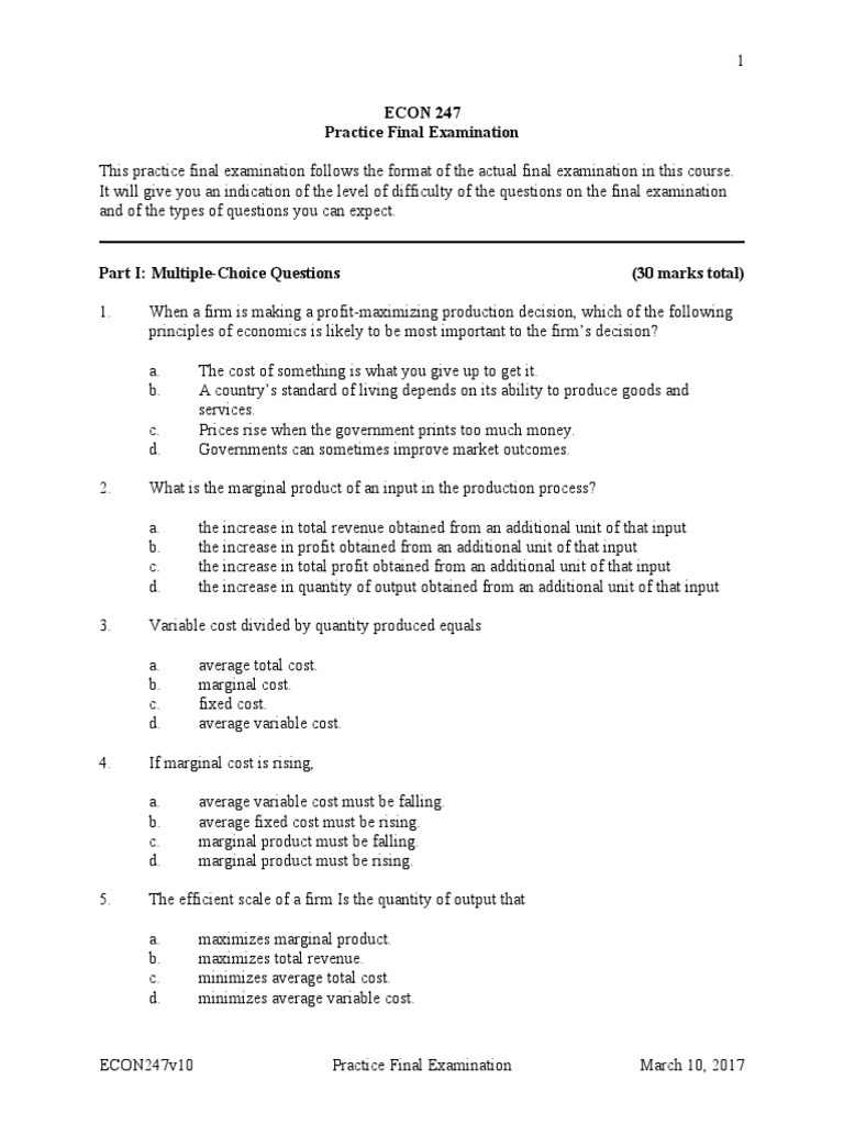 ECON 247 Practice Final Examination | PDF | Perfect Competition ...