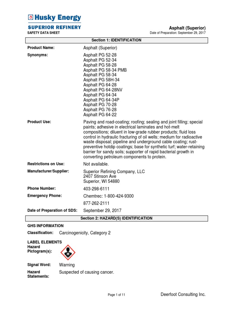 Safety Data Sheet: Asphalt (Superior) | PDF | Personal Protective ...