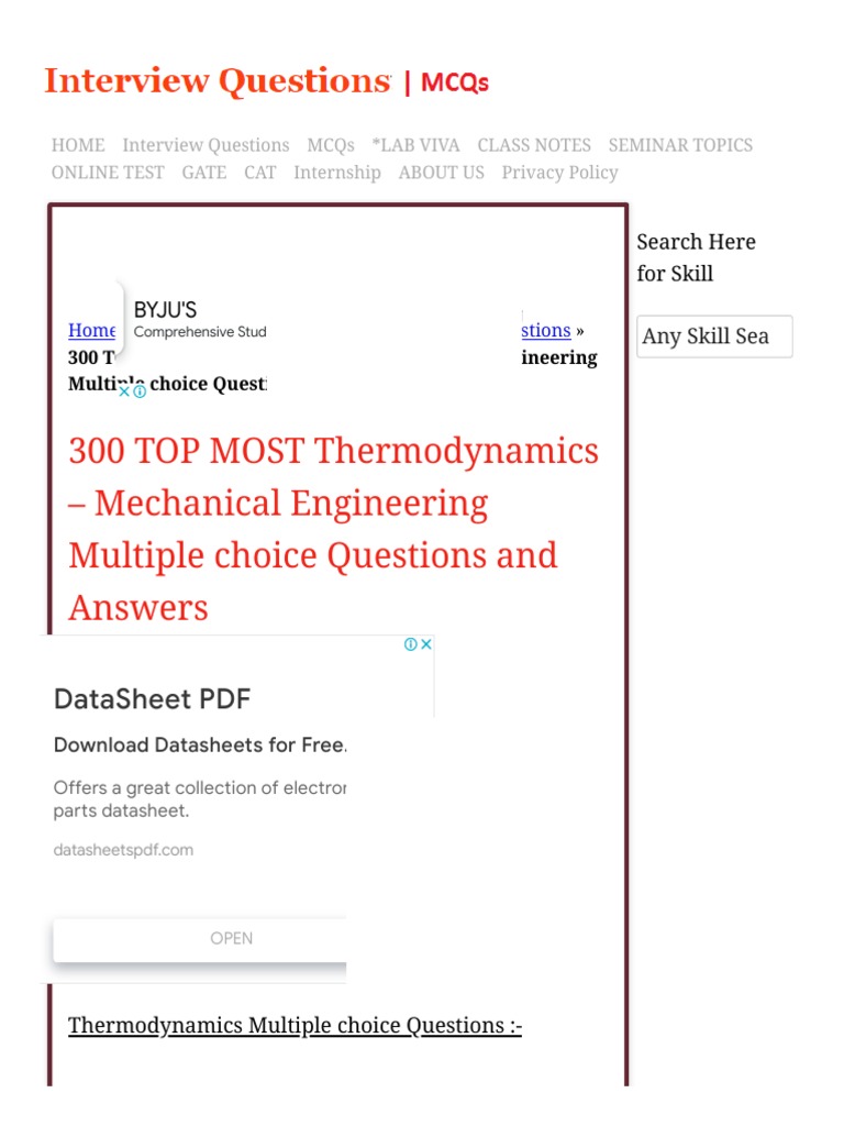 300+ TOP THERMODYNAMICS Multiple Choice Questions and Answers | PDF ...