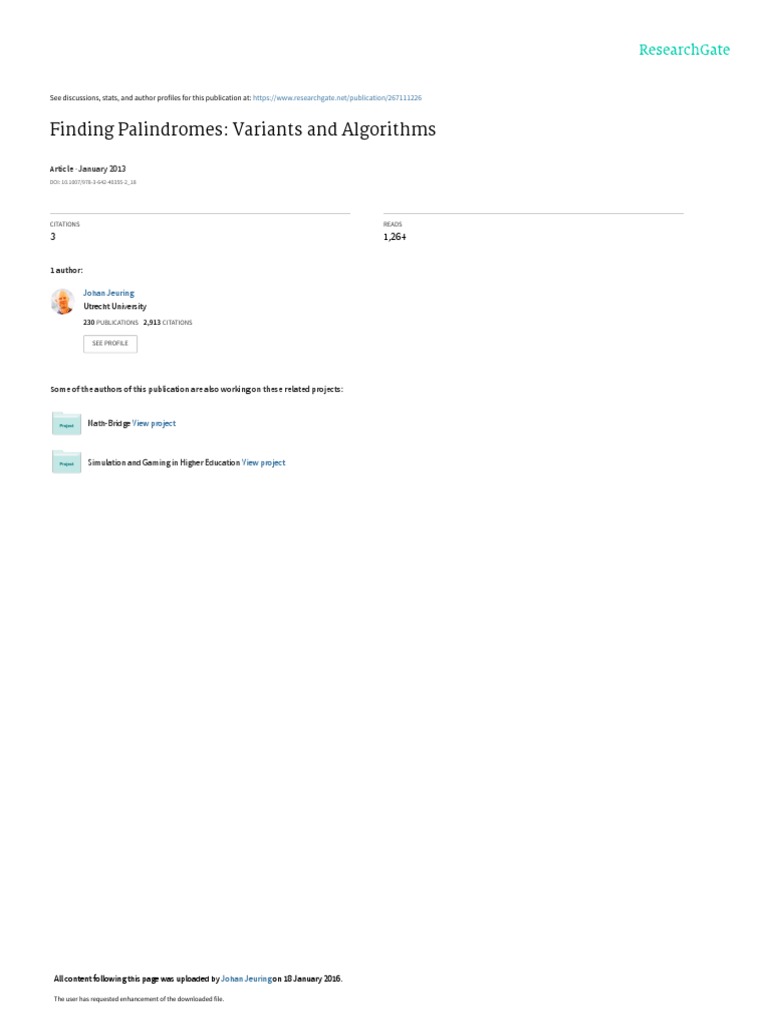 Finding Palindromes: Variants and Algorithms: January 2013 | PDF | Boolean Data Type | String ...