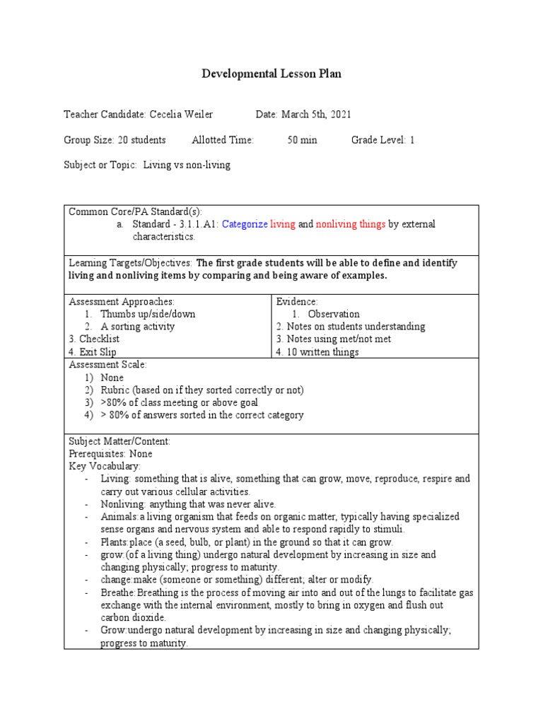 Developmental Lesson Plan: Categorize | PDF | Life | Lesson Plan Developmental Lesson Plan: Categorize | PDF | Life | Lesson Plan