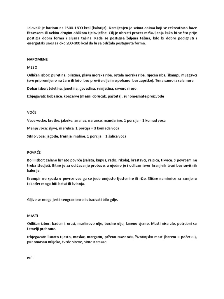 Sedmodnevni Jelovnik I Program Prehrane | PDF