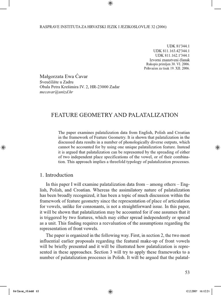 Feature Geometry and Palatalization: Małgorzata Ewa Ćavar | PDF ...