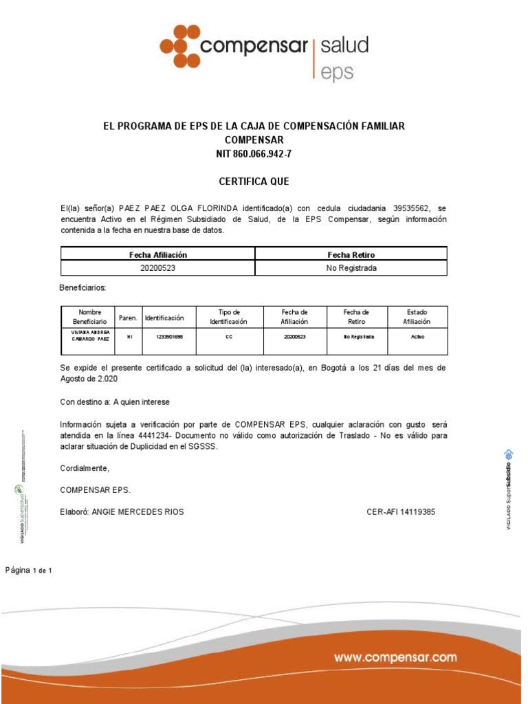 El Programa de Eps de La Caja de Compensación Familiar Compensar NIT ...