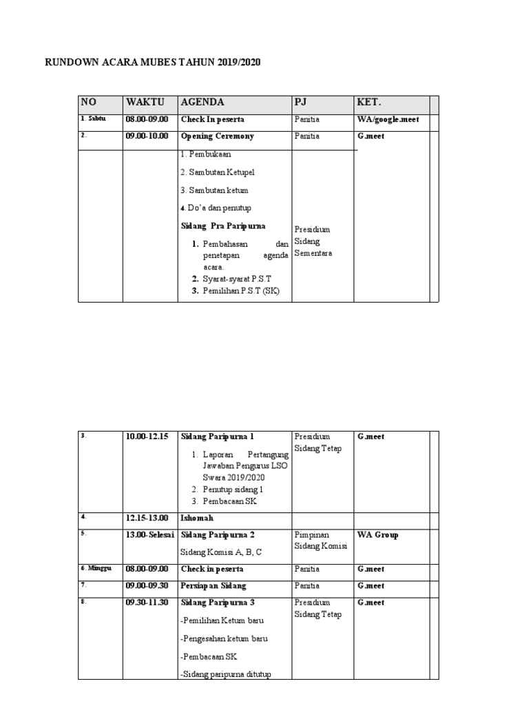 Rundown Mubes 2019/2020 Lengkap | PDF